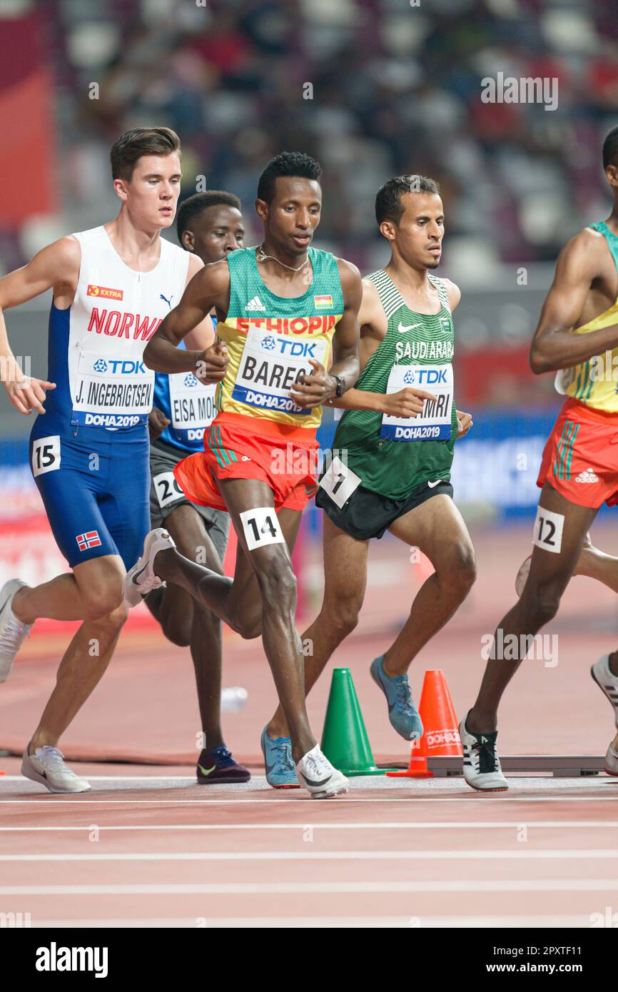 Selemon Barega participating in the 5000 meters at the 2019 World ...
