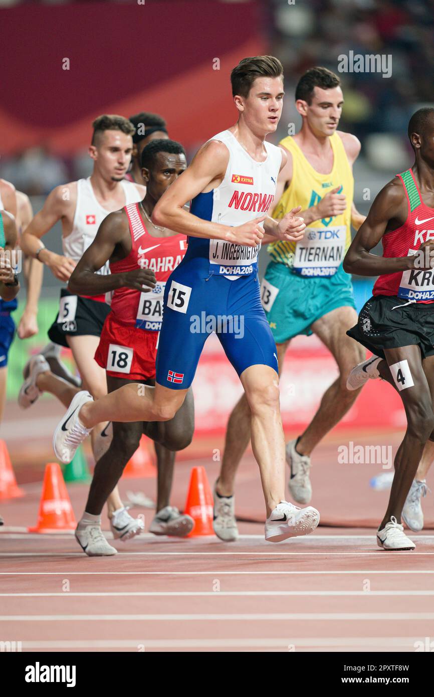 Jakob Ingebrigtsen participating in the 5000 meters at the 2019 World Athletics Championships in ...