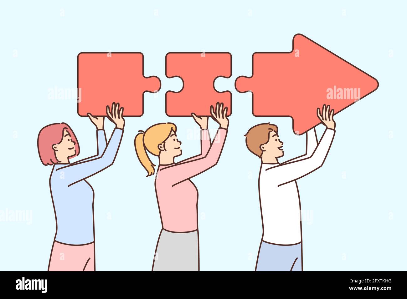 Motivated colleagues holding pieces connect arrow facing one direction ...