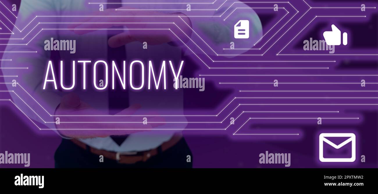 Hand writing sign Autonomy, Business overview vehicle that can guide itself without human ...