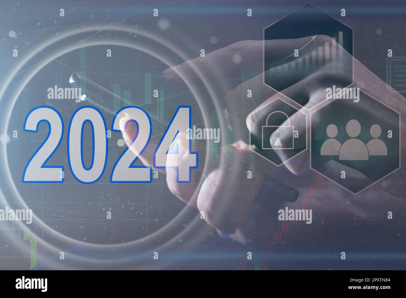 2024 calender year button on digital virtual screen blur background ...