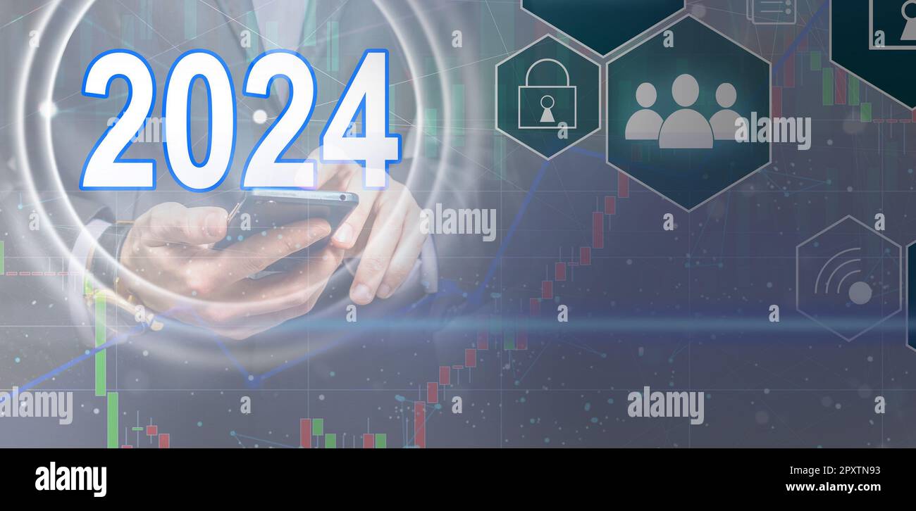 2024 calender year button on digital virtual screen blur background ...