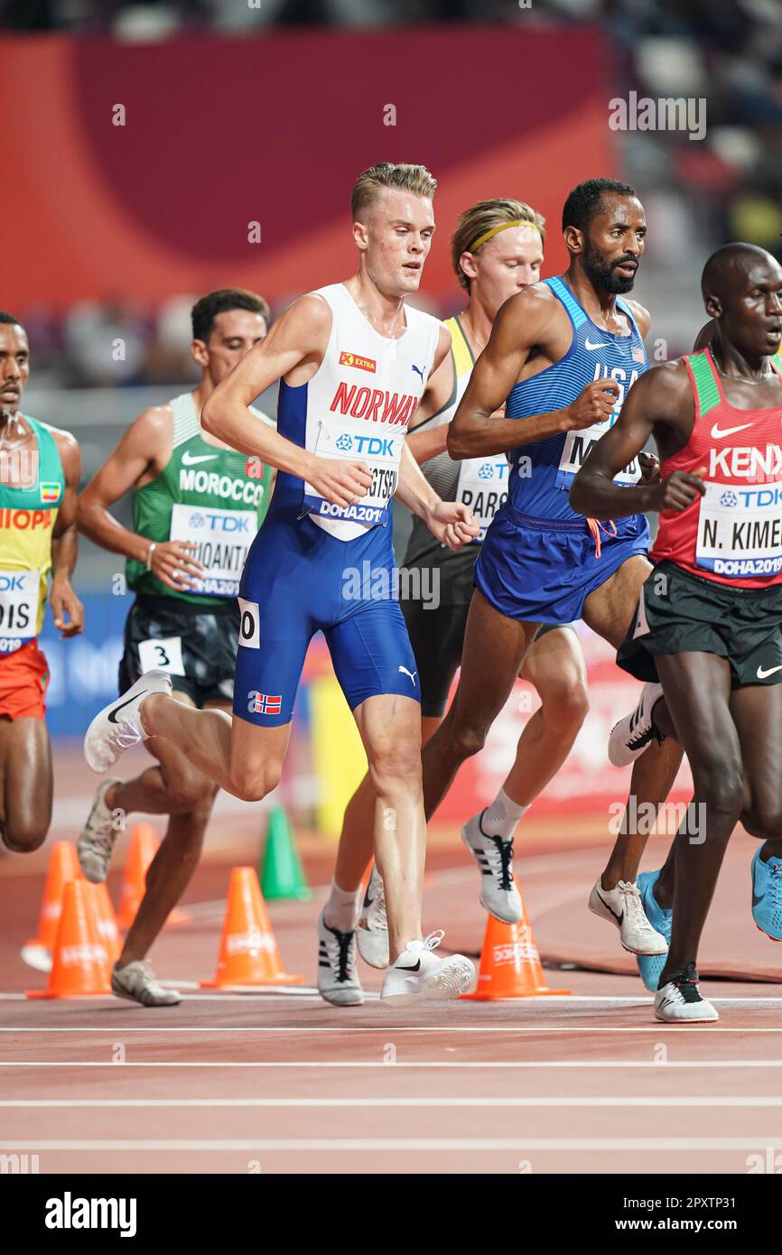 Filip Ingebrigtsen participating in the 5000 meters at the 2019 World ...