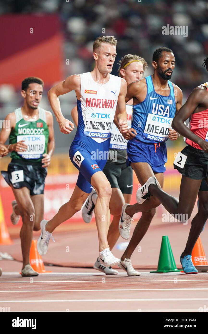 Filip Ingebrigtsen participating in the 5000 meters at the 2019 World ...