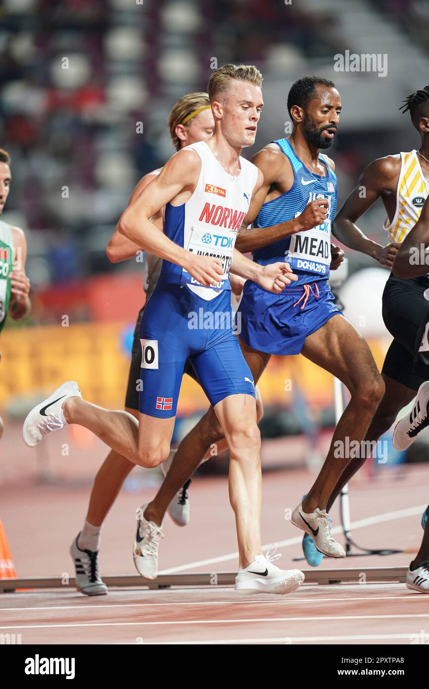Filip Ingebrigtsen participating in the 5000 meters at the 2019 World ...