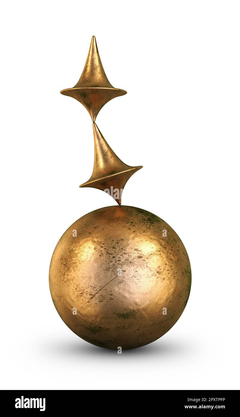 Pyramid of two balancing spinning tops on top of a ball on a white ...