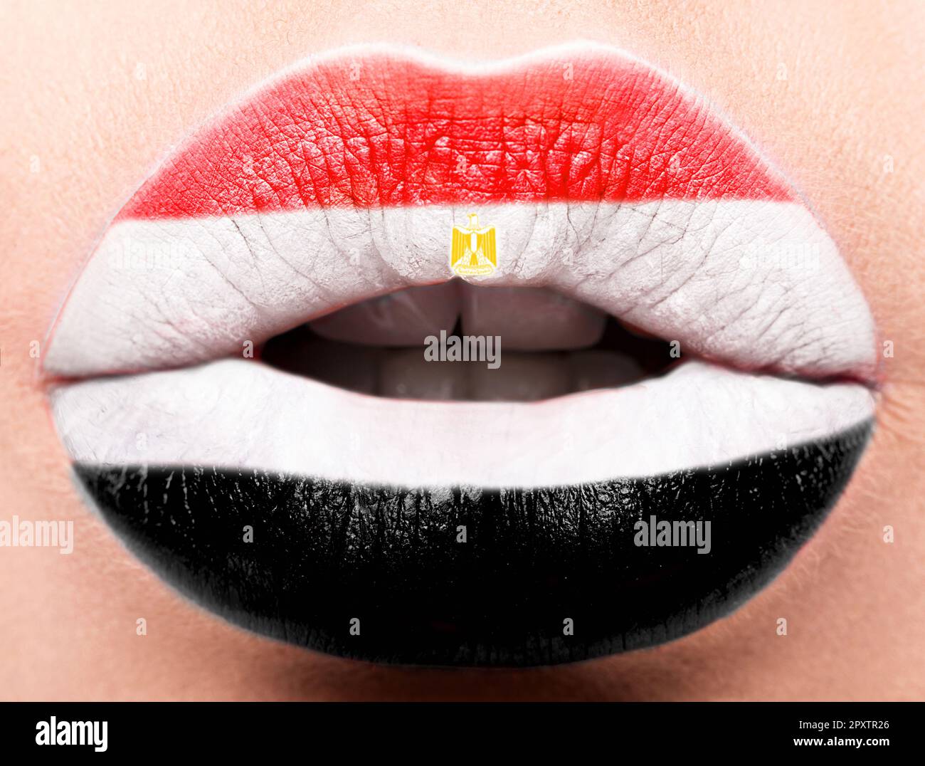 Female lips close up with a picture of the flag of Egypt. white, red ...