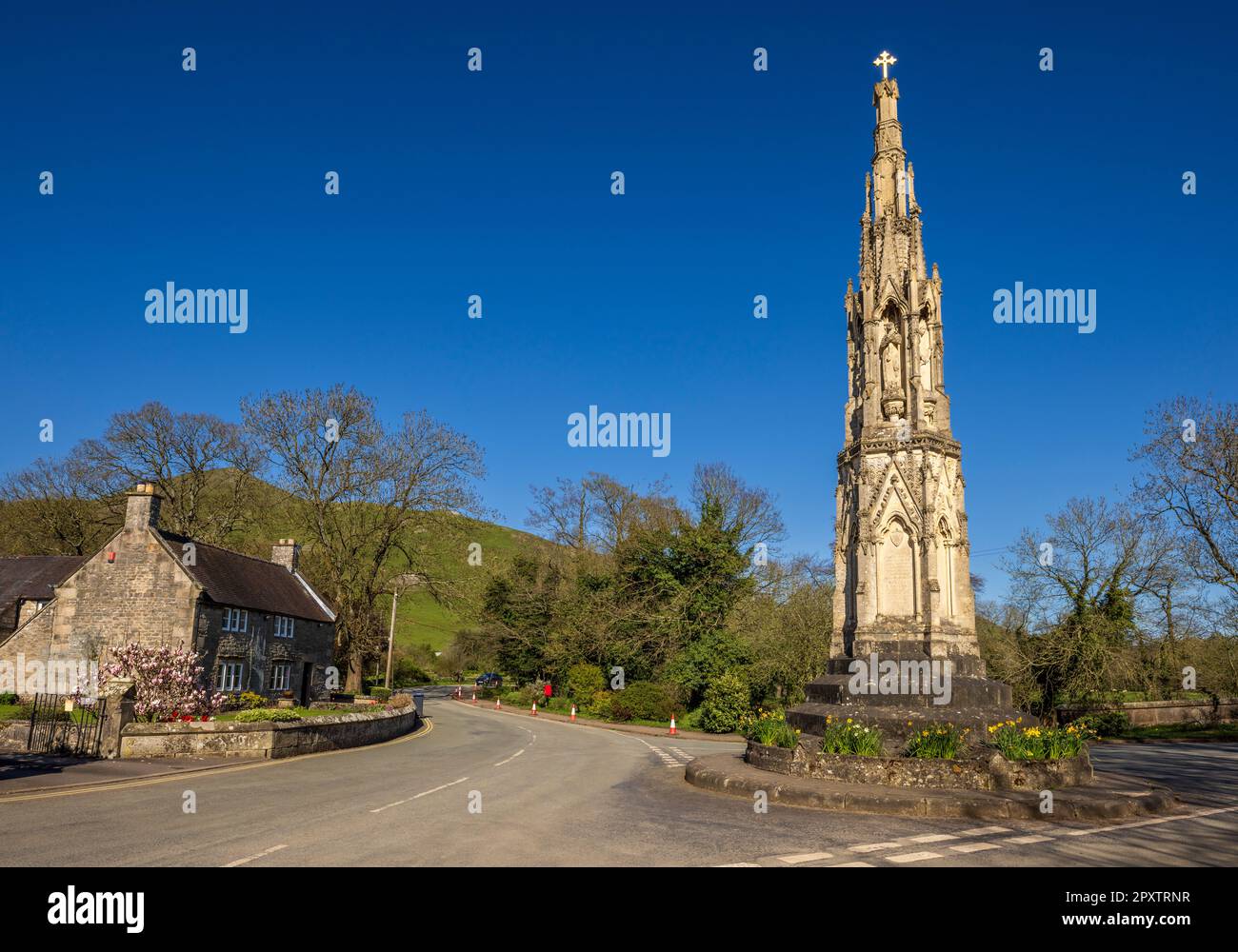 The Ilam Cross Monument at Ilam, Peak District National Park, Derbyshire, England Stock Photo ...