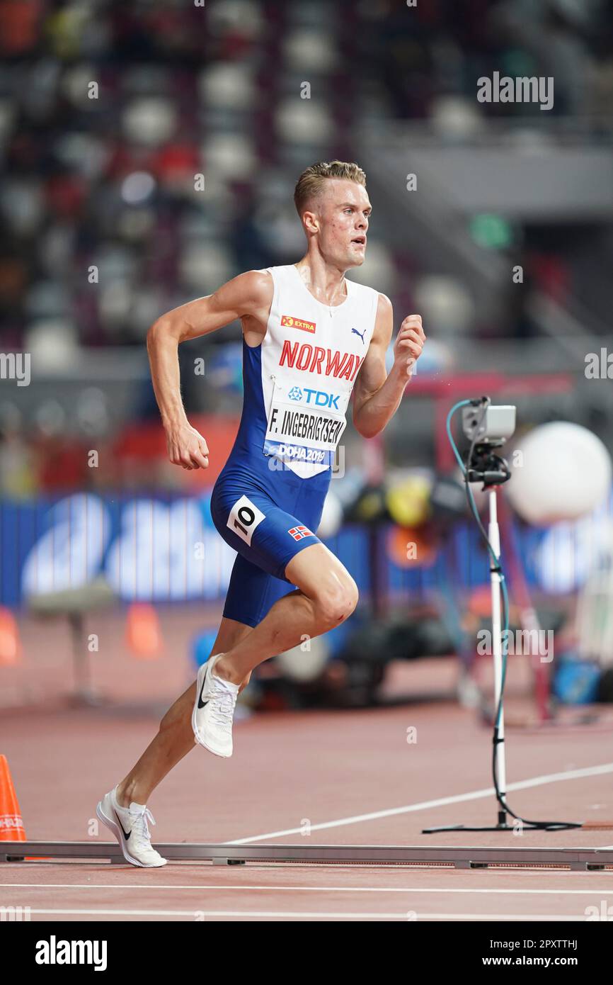 Filip Ingebrigtsen participating in the 5000 meters at the 2019 World ...
