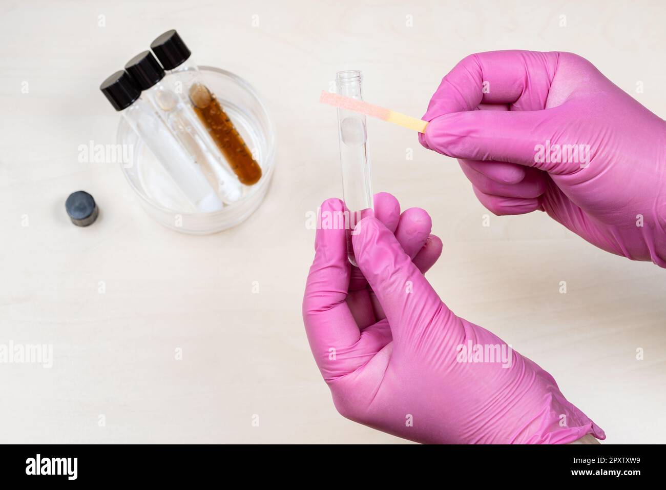 gloved hands holding test tube with liquid and indicator paper showing ...