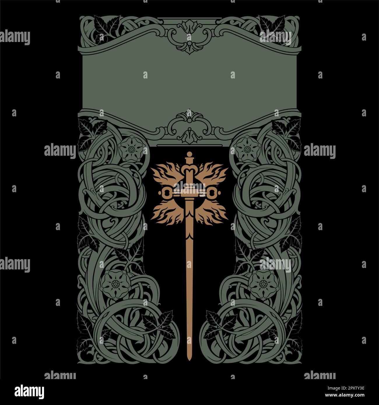 Design in a medieval knightly style. Knightly sword in a frame of curly ...