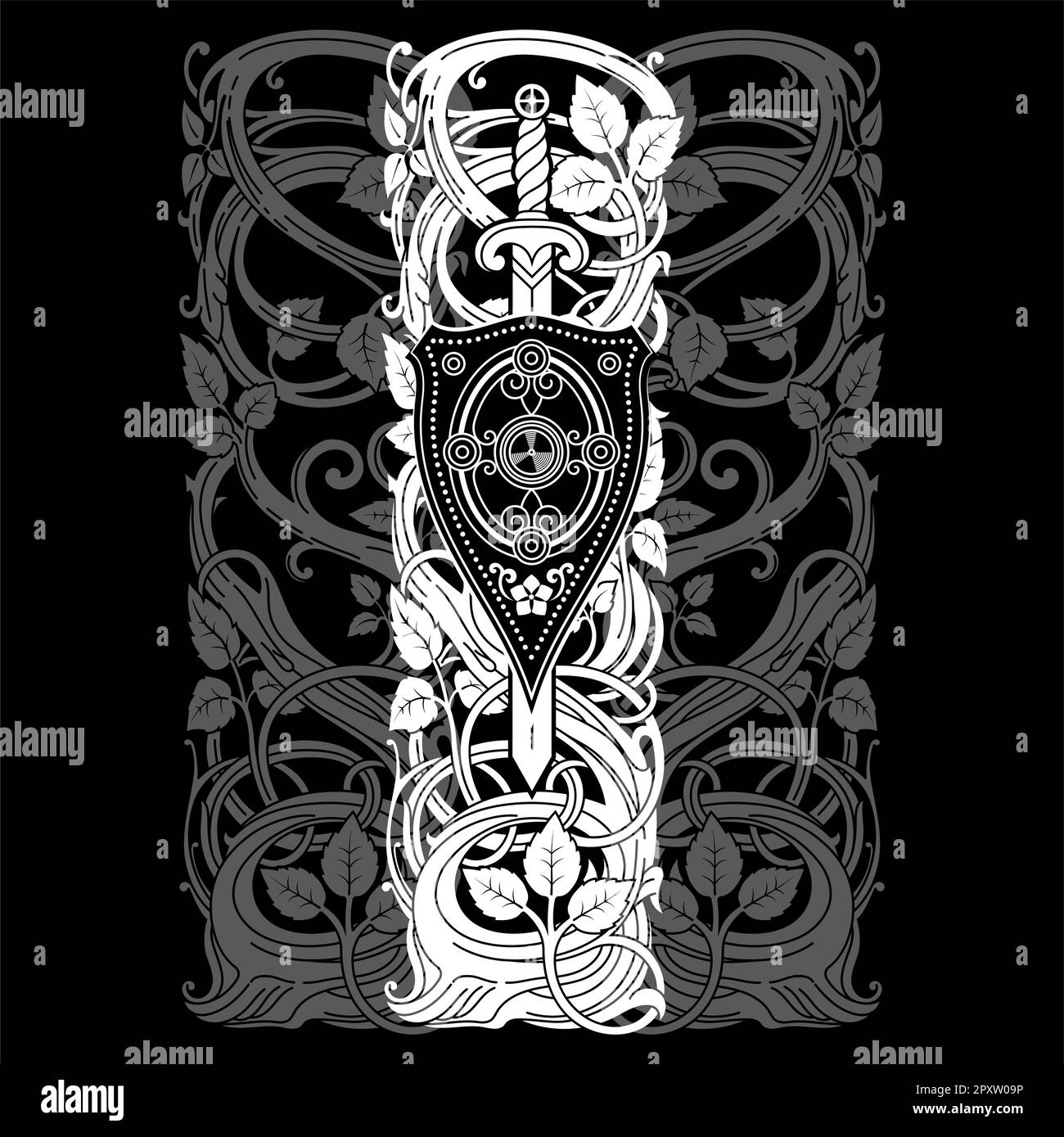 Design in a medieval knightly style. Knightly shield and sword in a ...