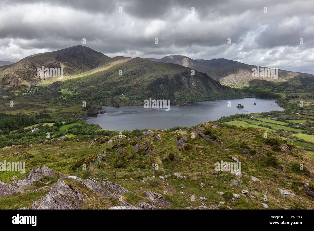 View from Healy Pass across Caha Mountains and the Beara peninsula R574 ...