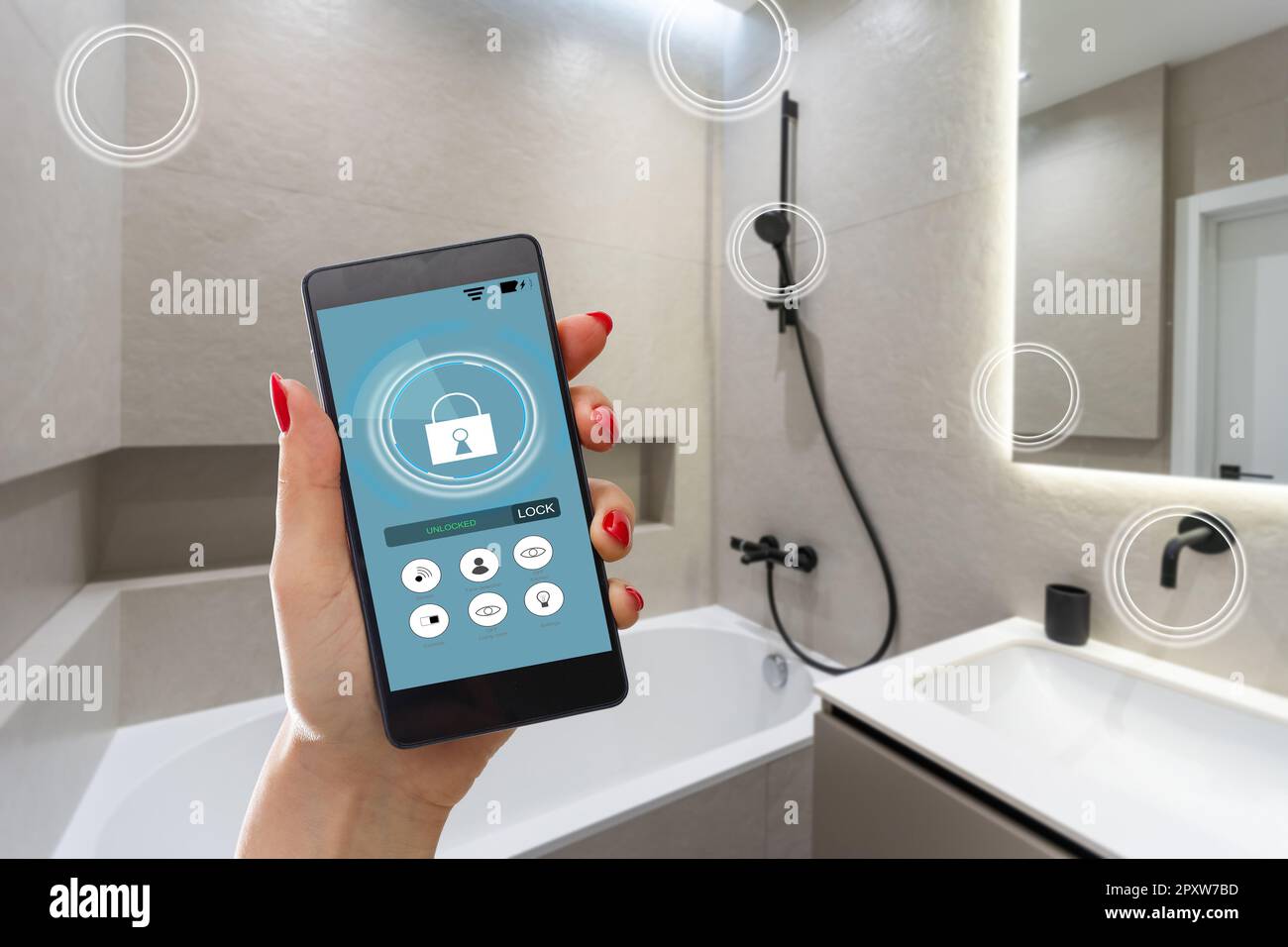 smart house, home automation, device with app icons. woman uses his ...