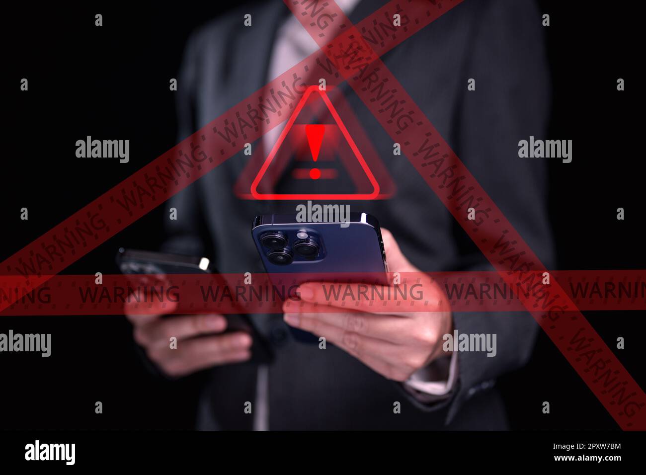 Warning notification, People with spam message icon on mobile phone ...