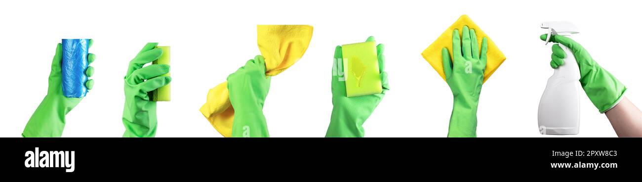 Hands in green gloves holding cleaning supplies, tools, items, washing ...