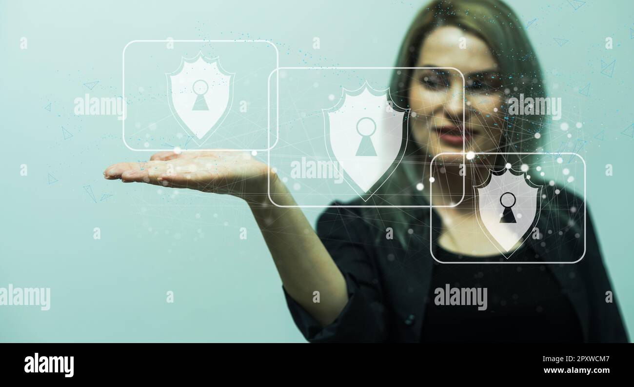 shield protect icon, virtual screen interface, data protection cyber ...