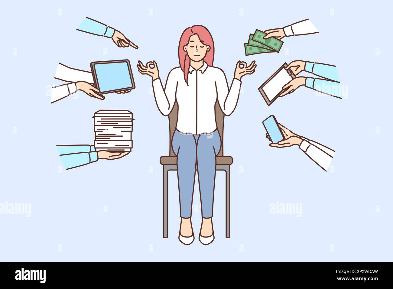 Calm businesswoman distracted from office work meditate at workplace ...