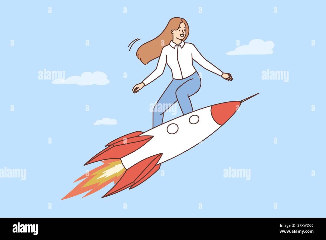 Motivated businesswoman flying on rocket strive for career success and ...