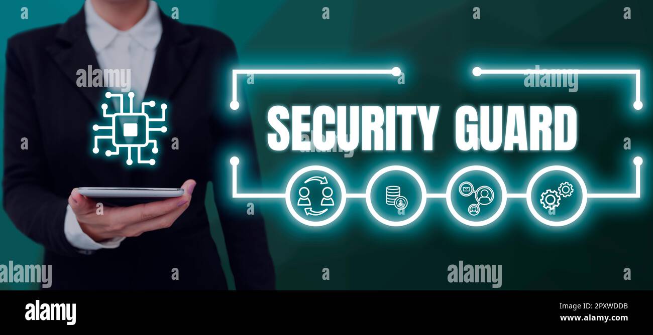 Text caption presenting Security Guard, Internet Concept tools used to ...