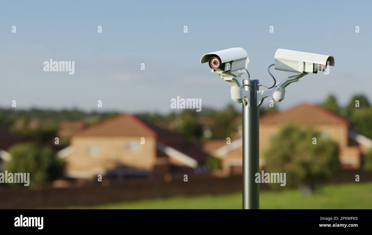 Surveillance cameras in a public space of a residential neighborhood ...
