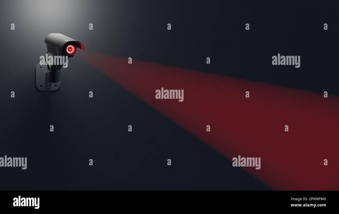Surveillance camera glowing in the dark. Ominous mood scene with ...