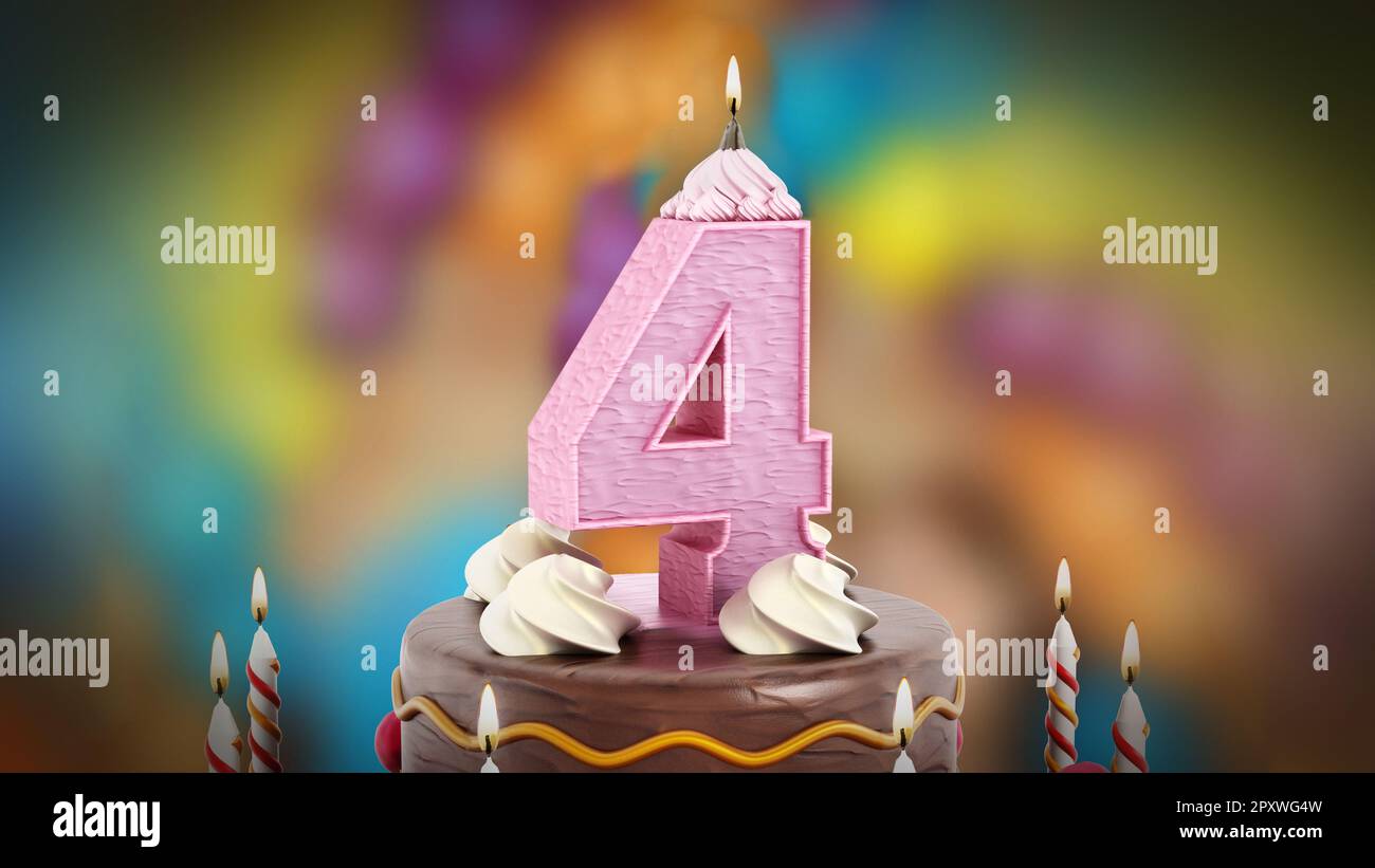 Birthday cake with number 4 lit candle. 3D illustration Stock Photo - Alamy
