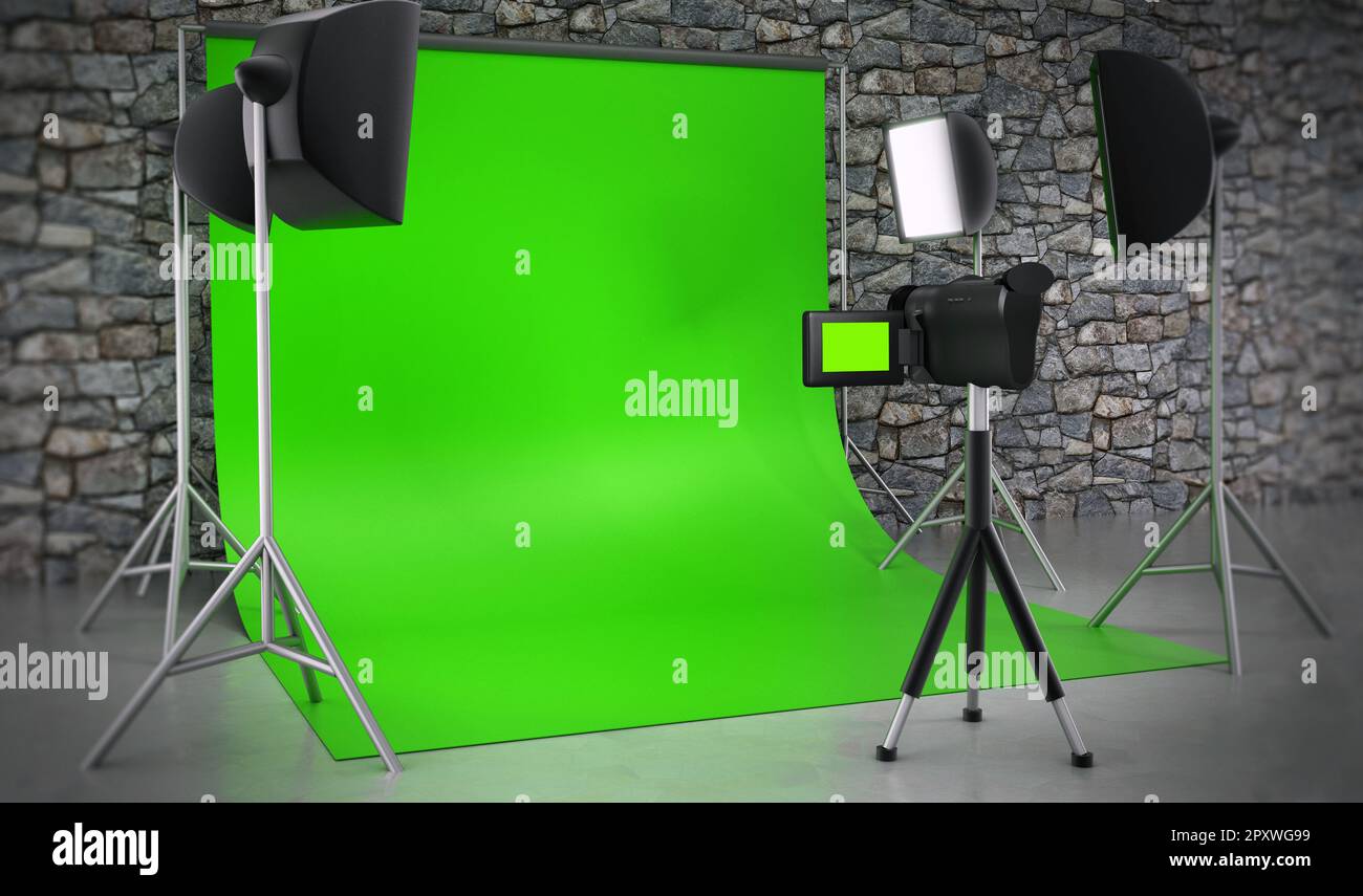 Photography equipments with green screen backdrop curtain. 3D ...