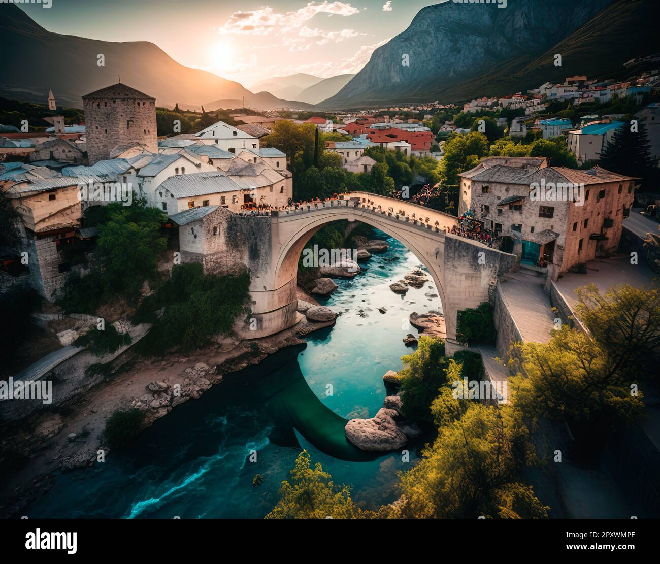 This serene painting depicts the historic Old Bridge of Mostar, a ...