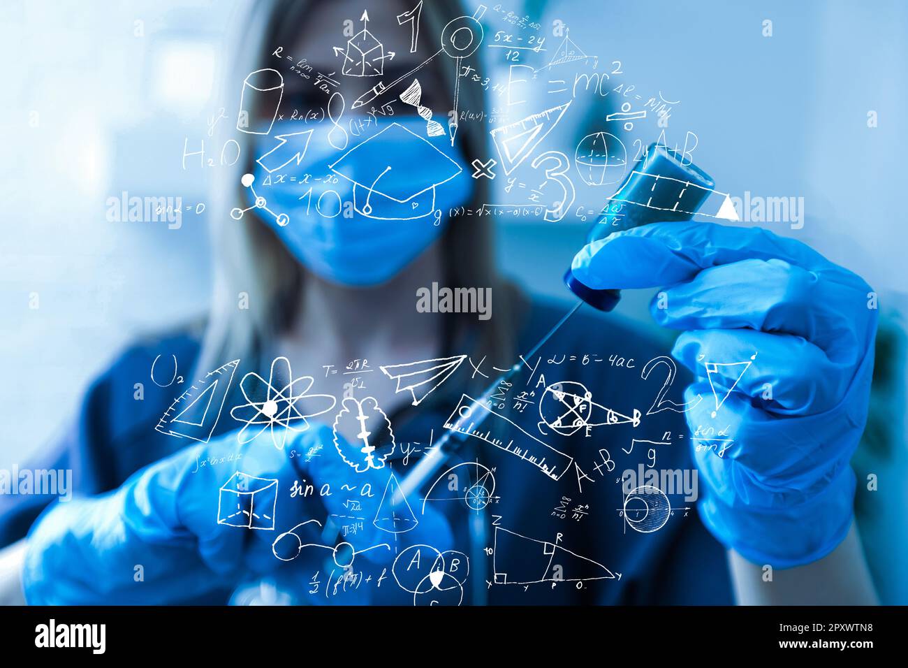 Quantitative analyst is drawing different math formulas on the glass ...