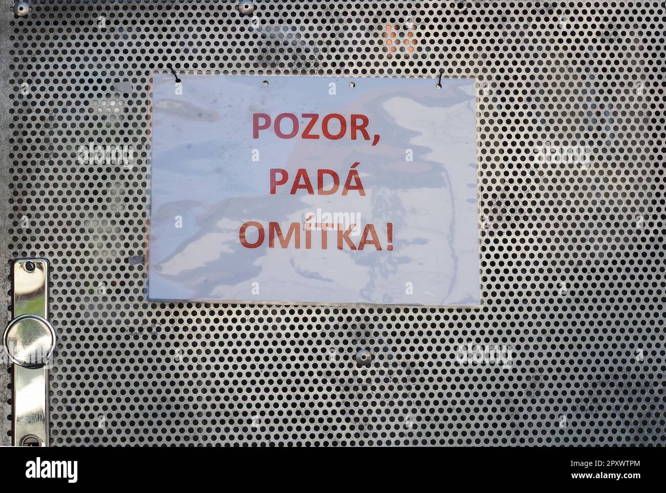 pozor pada omitka, translation watch out plaster falls warning sign ...