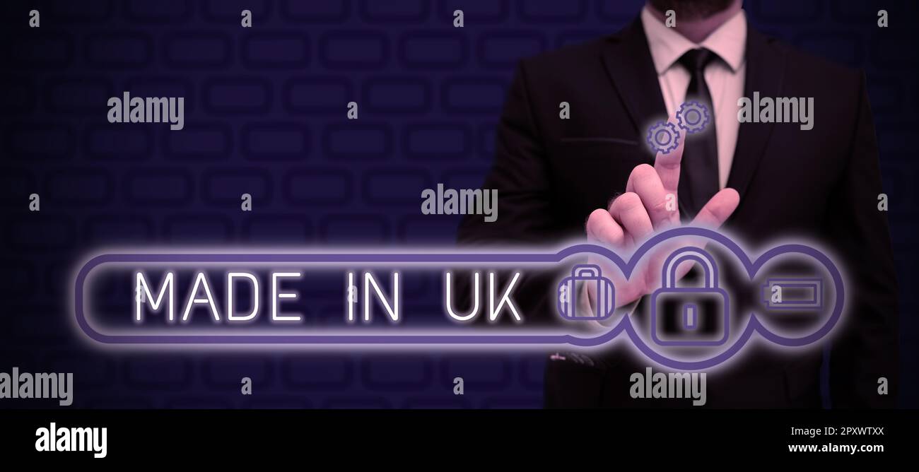 Text caption presenting Made In Uk, Concept meaning Something ...