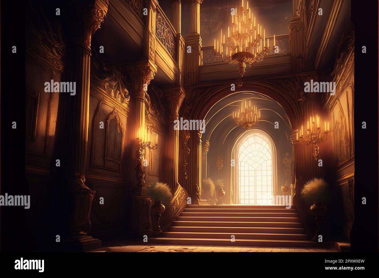 A realistic fantasy interior of the palace. golden palace. castle ...