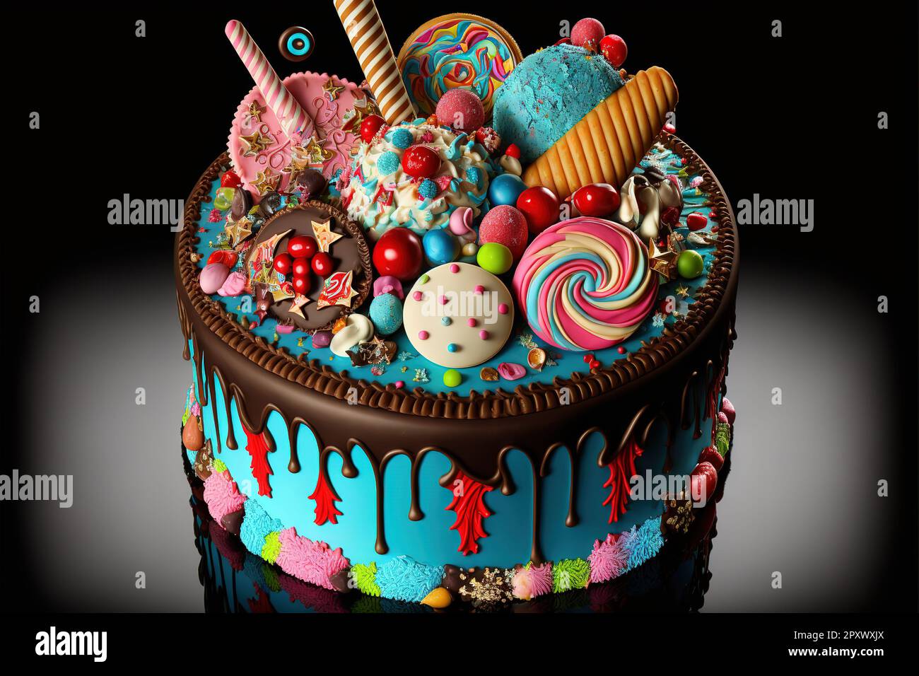 Celebration birthday cake with lots of icing and decorations Stock ...