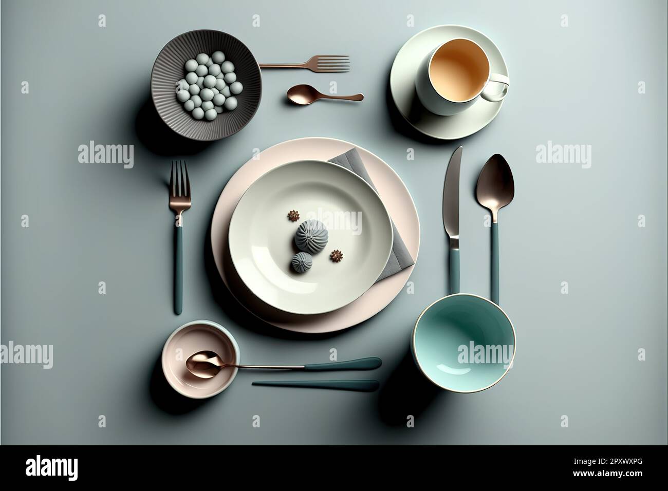 Stylish tableware on light grey table, flat lay. Space for text Stock ...
