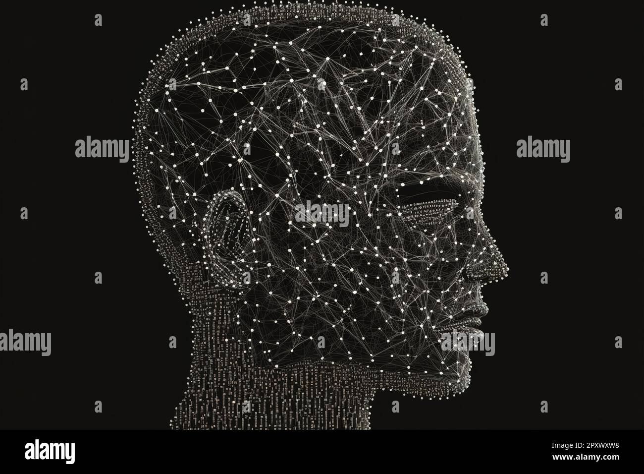 Human head shape made from a large grid of pins connected with string ...