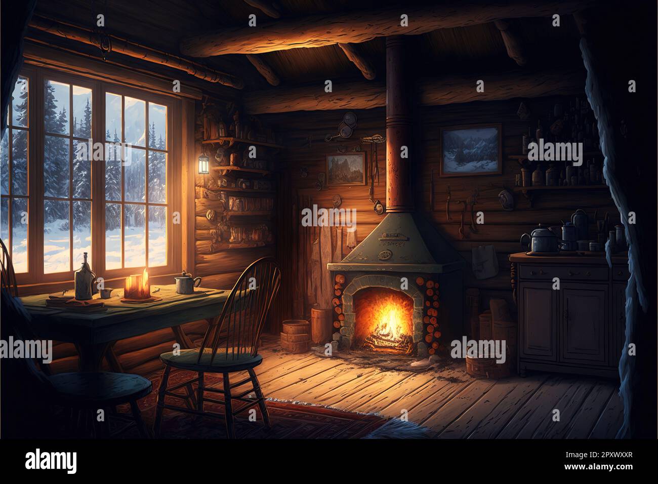 cabin interior, Winter, fireplace Stock Photo - Alamy
