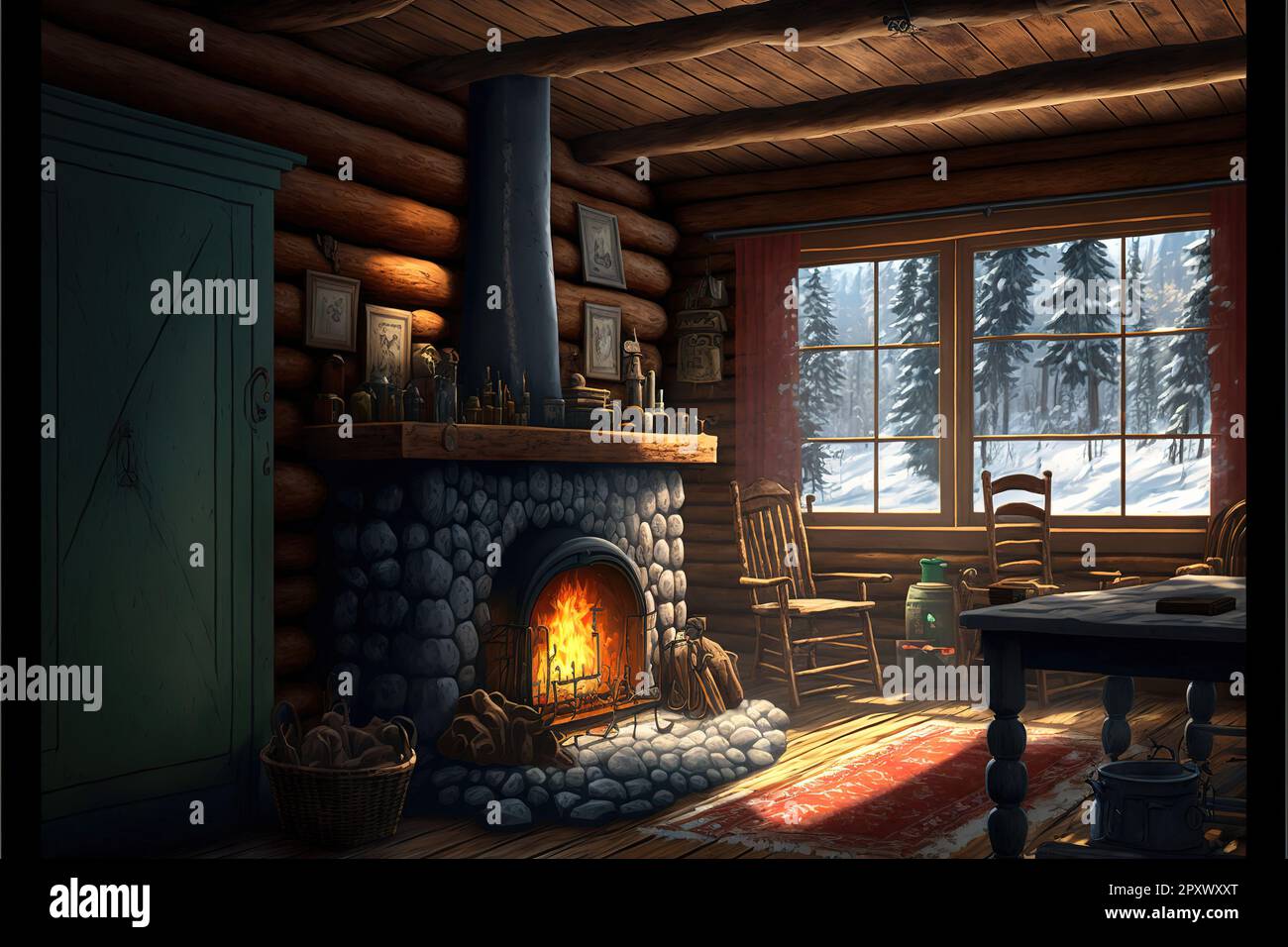 cabin interior, Winter, fireplace Stock Photo - Alamy