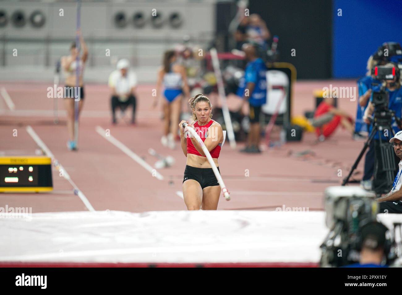 Angelica Moser participating in the pole vault at the Doha 2019 World ...
