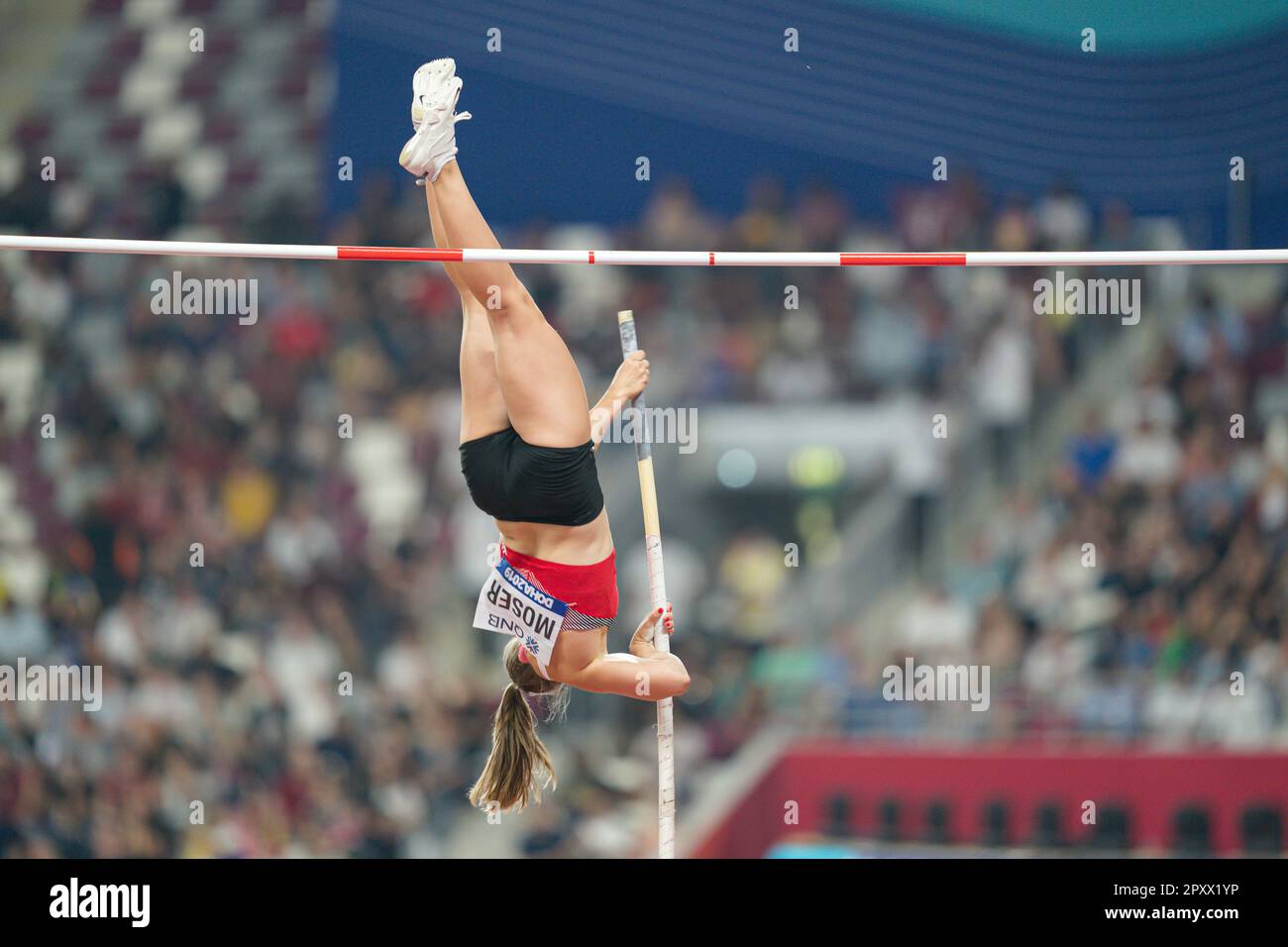 Angelica Moser participating in the pole vault at the Doha 2019 World ...