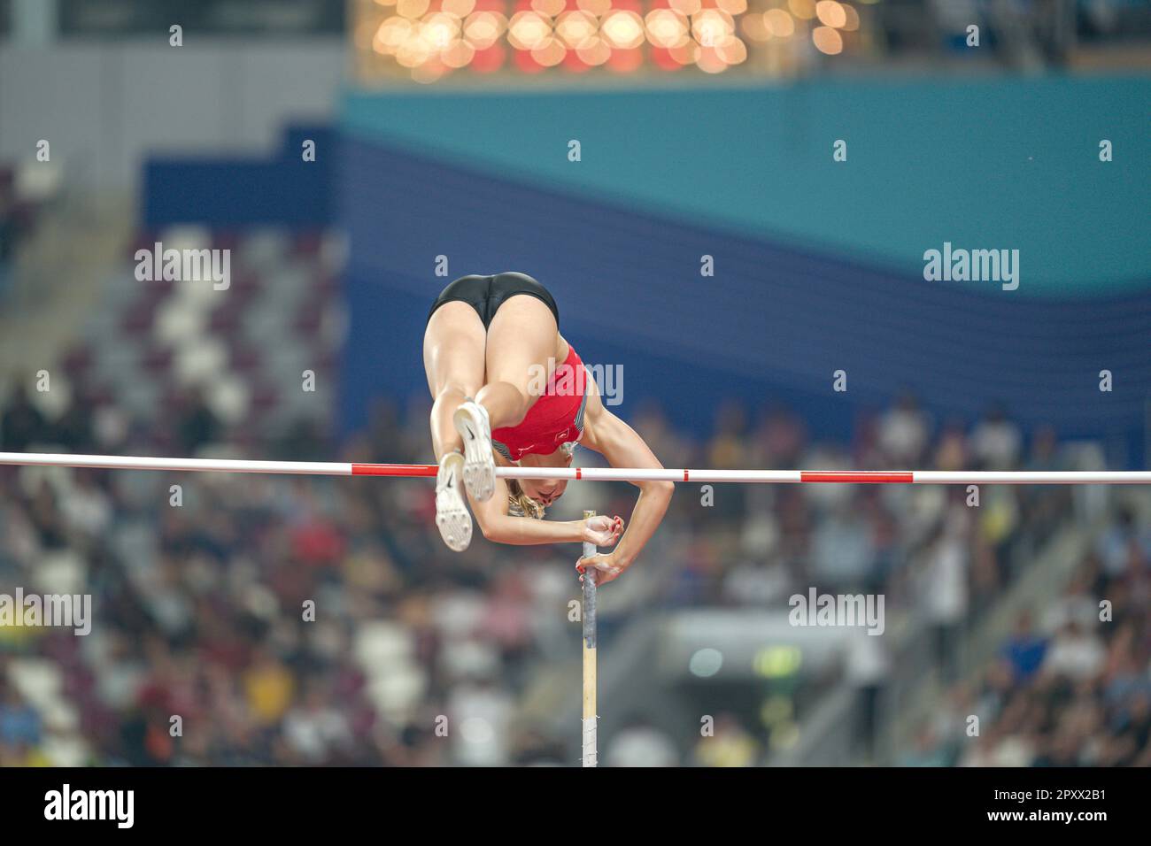 Angelica Moser participating in the pole vault at the Doha 2019 World ...