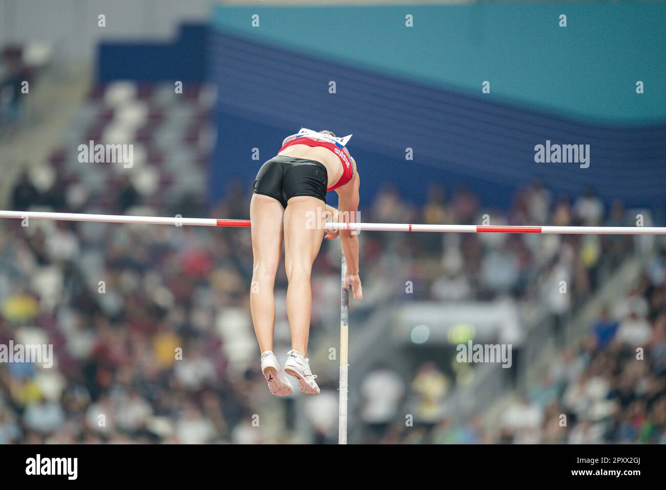 Angelica Moser participating in the pole vault at the Doha 2019 World ...