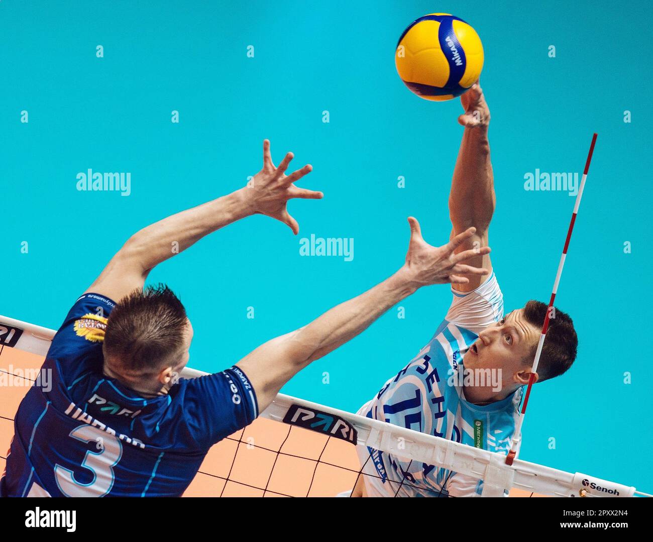Kazan Russia. 01st May 2023. Volleyball Superleague. Playoffs men 1st match final. Match between the teams Zenit Kazan Dynamo Moscow in the Volleyball Center. Zenit team player Dmitry Volkov right and