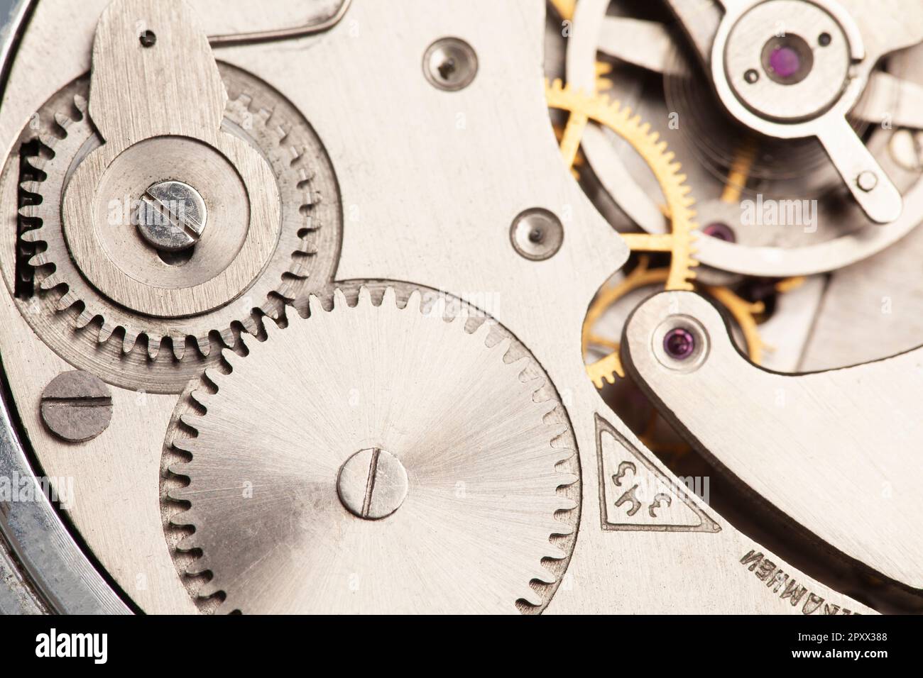 Mechanism, clockwork of a stopwatch close-up. Time, work concept Stock ...