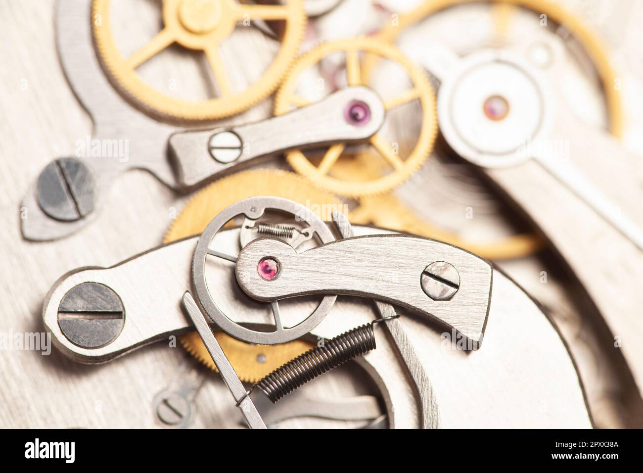 Mechanism, clockwork of a stopwatch close-up. Time, work concept Stock ...