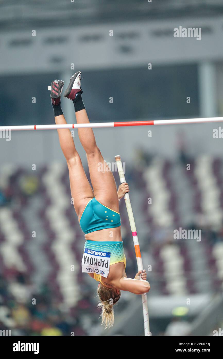 Liz Parnov participating in the pole vault at the Doha 2019 World ...