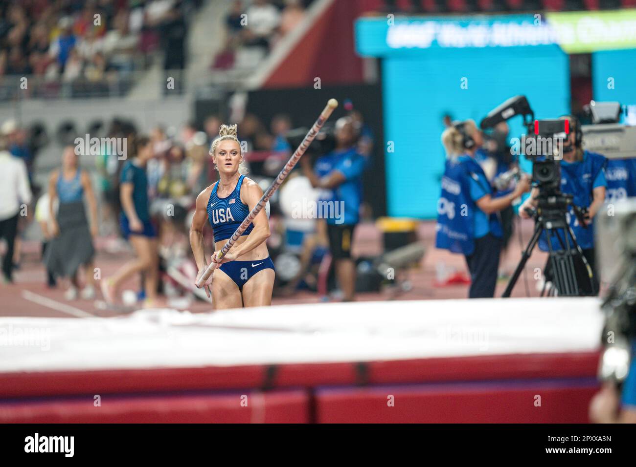 Katie Nageotte participating in the pole vault at the Doha 2019 World ...