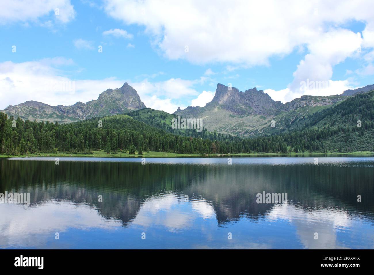 Shore of large mountain lake in nature park. Summer landscape at good ...