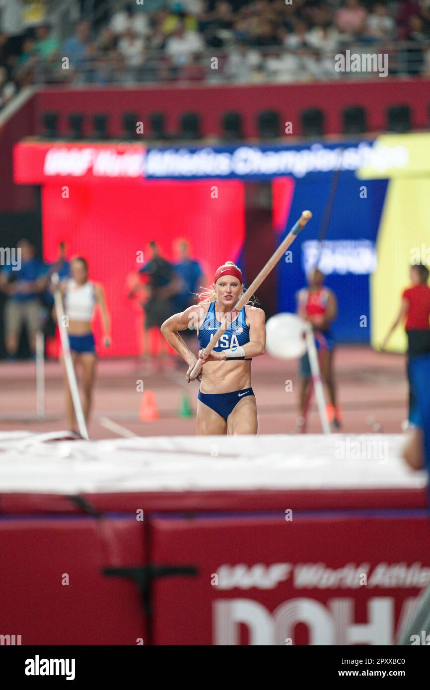 Sandi Morris participating in the pole vault at the Doha 2019 World ...