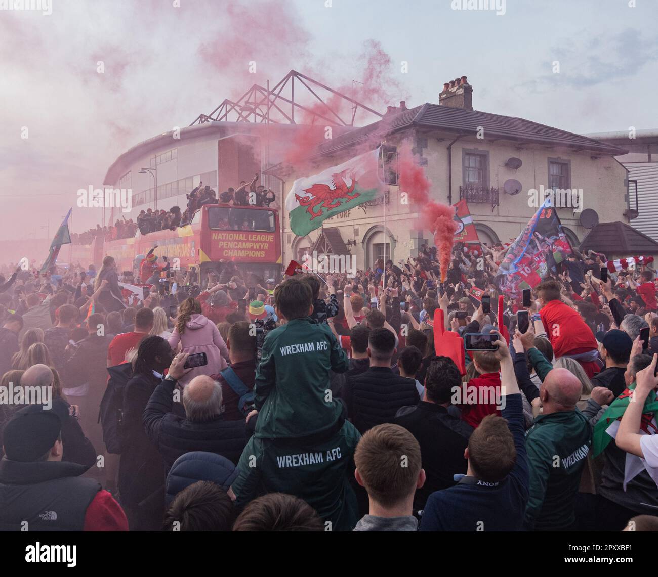 Wrexham, Wrexham County Borough, Wales. 2nd May 2023. Fans and players ...